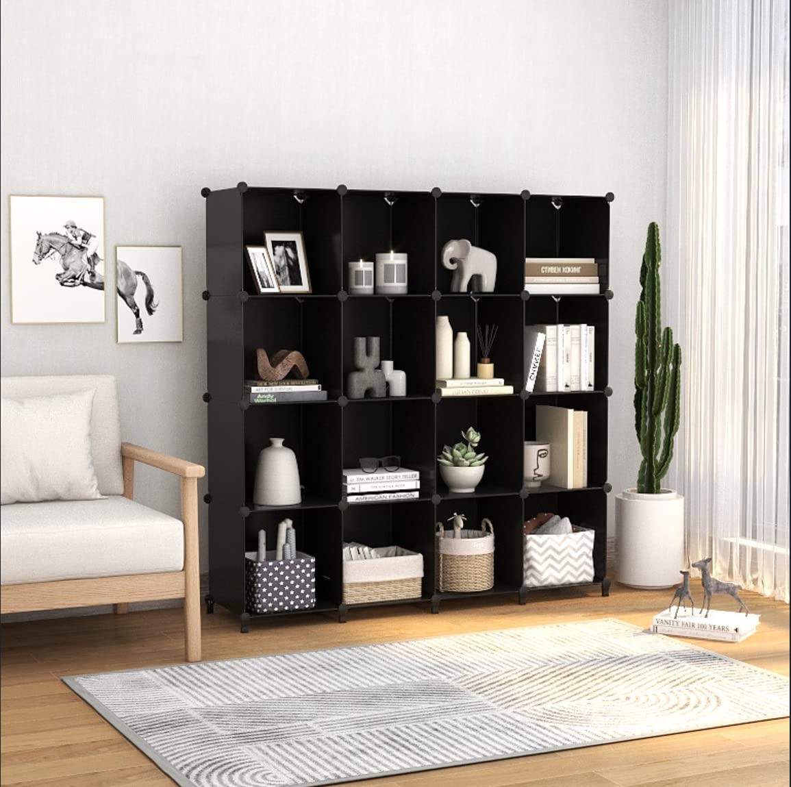 Wolizom Cube Storage Organizer, 16-Cube Black Closet Storage Shelves, Modular Units, Closet Cabinet, Portable DIY Plastic Book Shelf Shelving for Bedroom, Office, Living Room