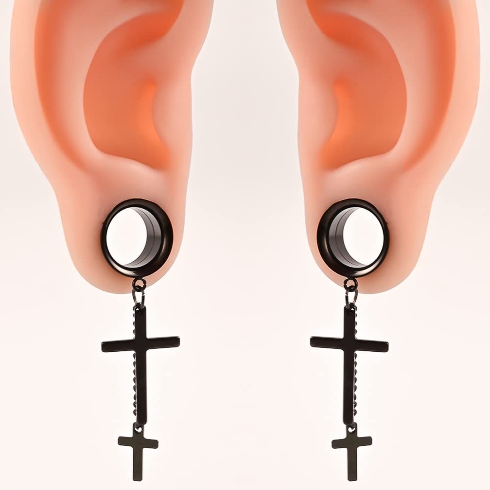 Atomhole 3 Pair Ear Gauges Cool Design Hypoallergenic 316 Stainless Steel Dangle Ear Plugs Tunnels Stretcher Piercing Body Jewelry (6mm(2G), Black)
