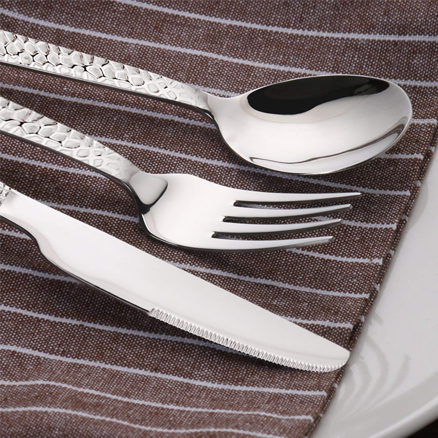 HaWare 65-Piece Hammered Flatware Serving Set, Stainless Steel Silverware Cutlery Set for Home/Hotel/Restaurant, Service for 12, Elegant & Classic Design, Dishwasher Safe-Square Edge