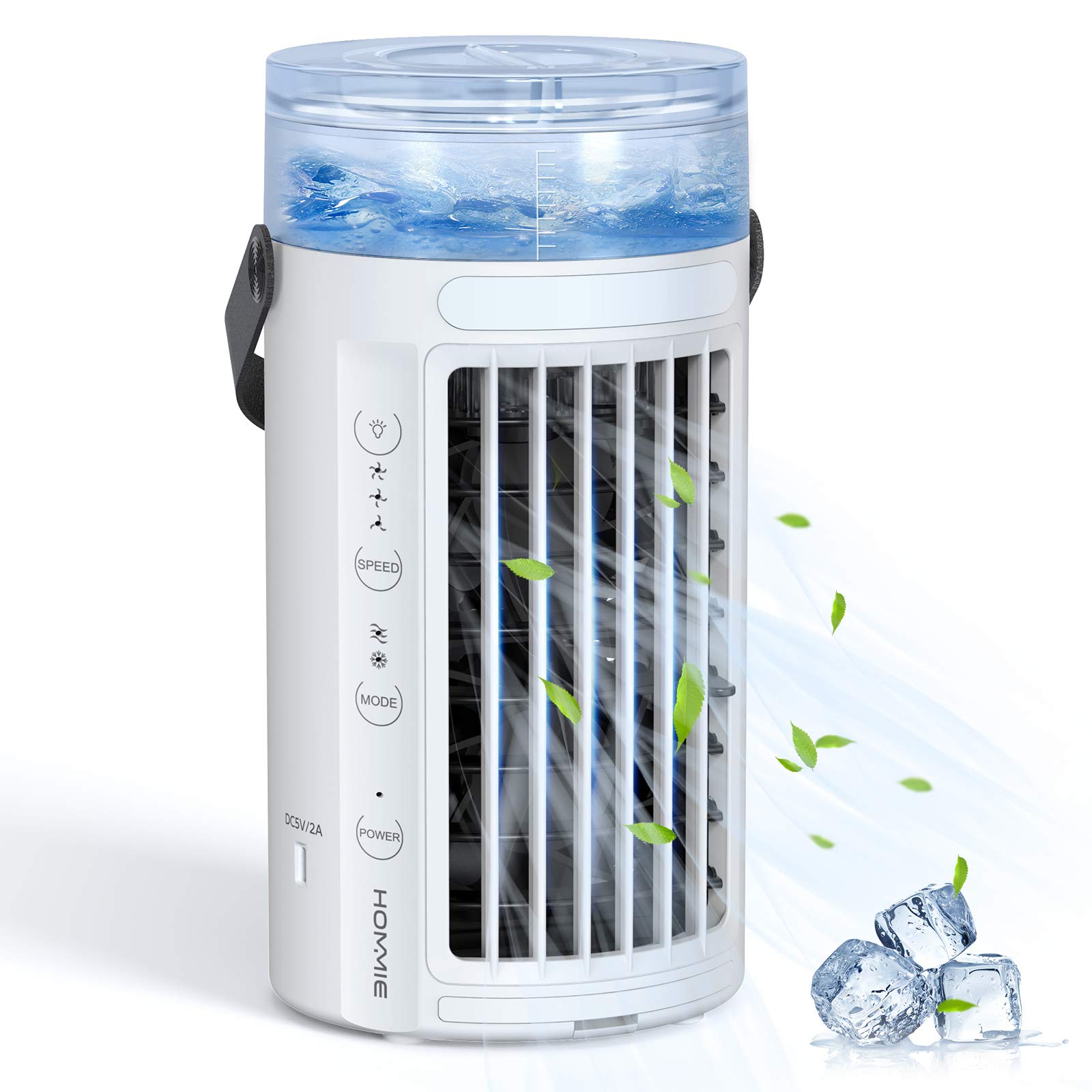 Portable Air Conditioner, Hommie 5 in 1 Personal Mini Air Cooler with 2 Fans, 8 Colors LED Light and 3 Speeds, Small Desk Mini Ac Evaporative Cooler Fanfor Personal Use Small Room