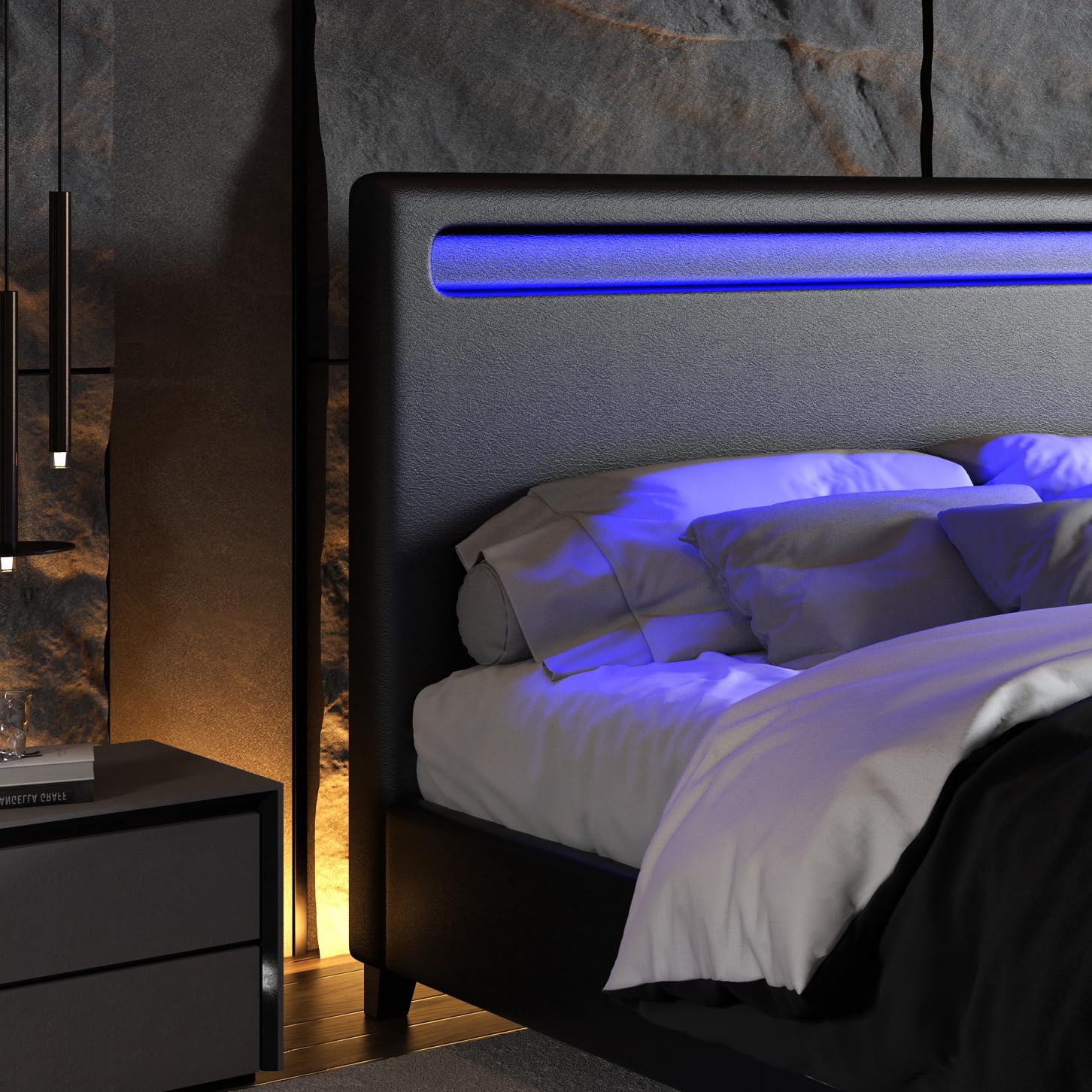 BAOMKONG Queen Size Platform Bed Frame with LED Lighting,Faux Leather Upholstered and Wood Slat Support,No Box Spring Needed, Black