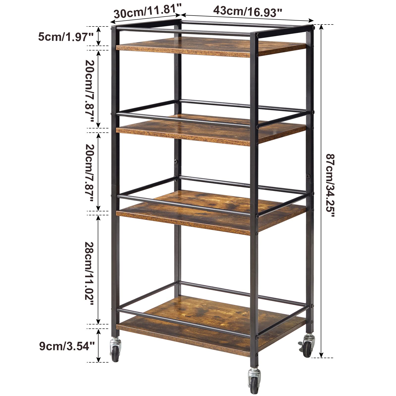 IBUYKE Industrial Bar Carts, Kitchen Storage Serving Cart, Mobile Kitchen Shelf,4 Tier Storage Cart for Bath, Kitchen, Bedroom, Living Room Rustic Brown and Black TMJ419H