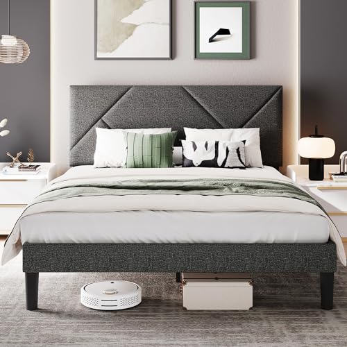 LINSY Queen Bed Frame with Adjustable Headboard, Linen Upholstered Platform Bed with Solid Wooden Slats, Heavy Duty Bed Queen Size, NO Box Spring Needed, Noise-Free, Grey