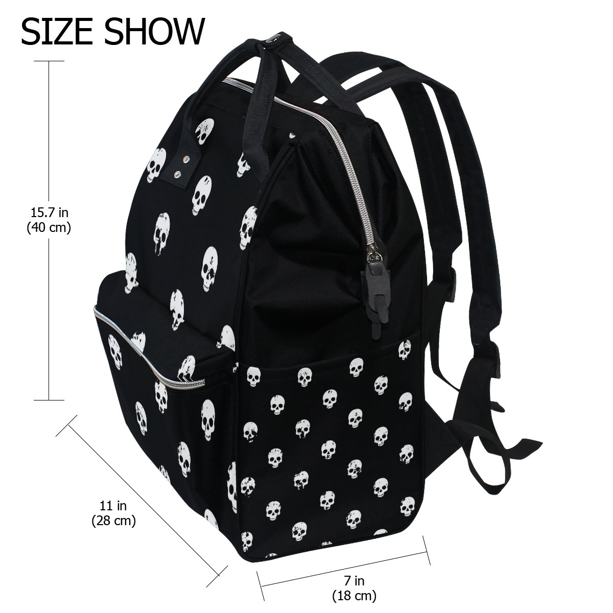 My Little Nest Large Capacity Diaper Bag Black White Skulls Pattern Durable Multi Function Travel Backpack for Mom Girls