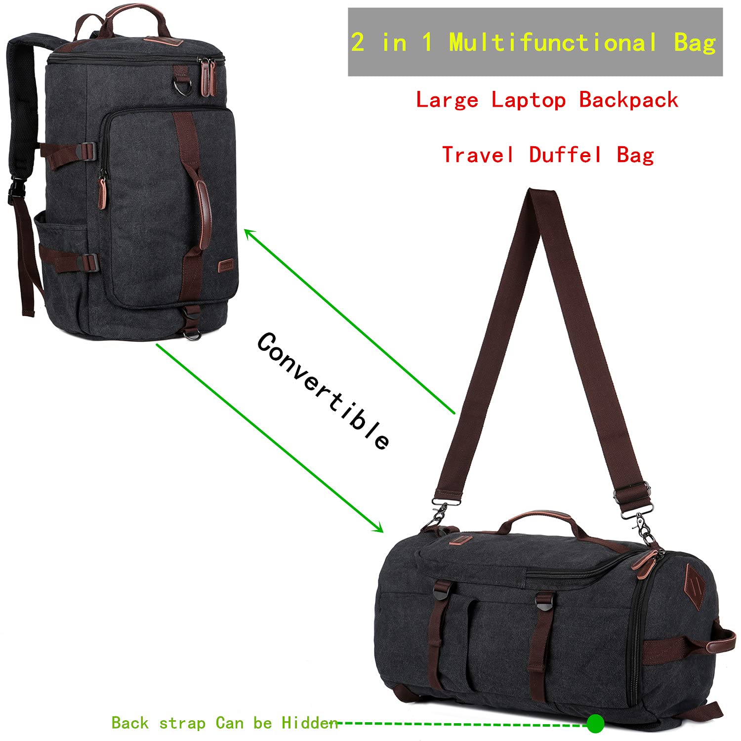 BAOSHA Canvas Weekender Travel Duffel Backpack Hybrid Hiking Rucksack Laptop Backpack for Outdoor Sports Gym HB-26(Grey)