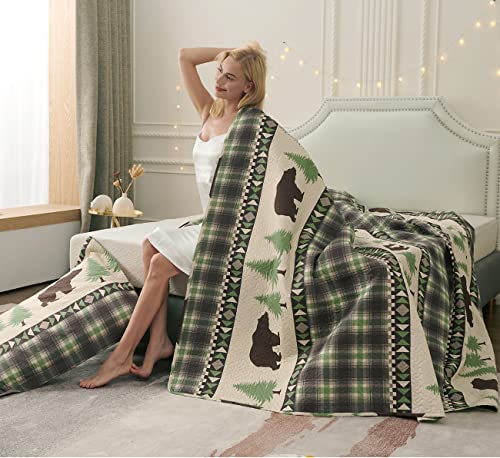 Quilt Set Queen Size Rustic Bedding Lodge Bed Quilts Queen Plaid Quilt Bed Spread Country Cabin Brown Bear Queen Quilt Bedding Lightweight Reversible Quilts Home Bedspread Coverlet with 2 Pillow Shams