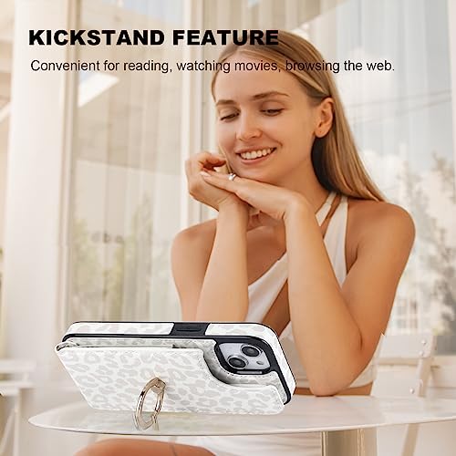 HAOPINSH for iPhone 13/ iPhone 14 Wallet Case with Card Holder, 360°Rotation Ring Kickstand, White Leopard Cheetah Pattern, RFID Blocking Leather for Girls Women, Double Buttons Flip Protective 6.1"