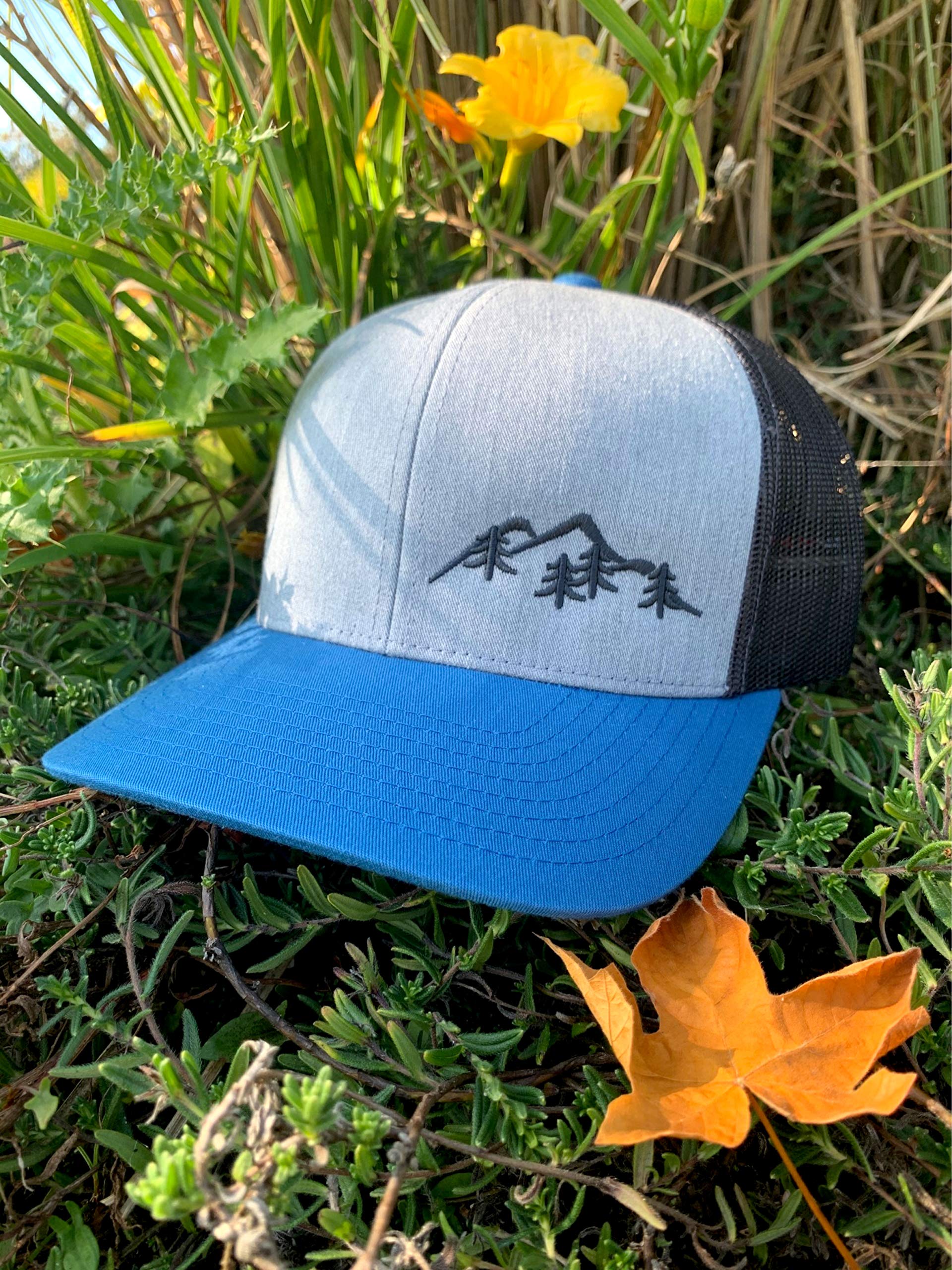 Apollo Cap Co. Trucker Cap - Embroidered Mountains & Trees Hat, Snapback Heather Grey