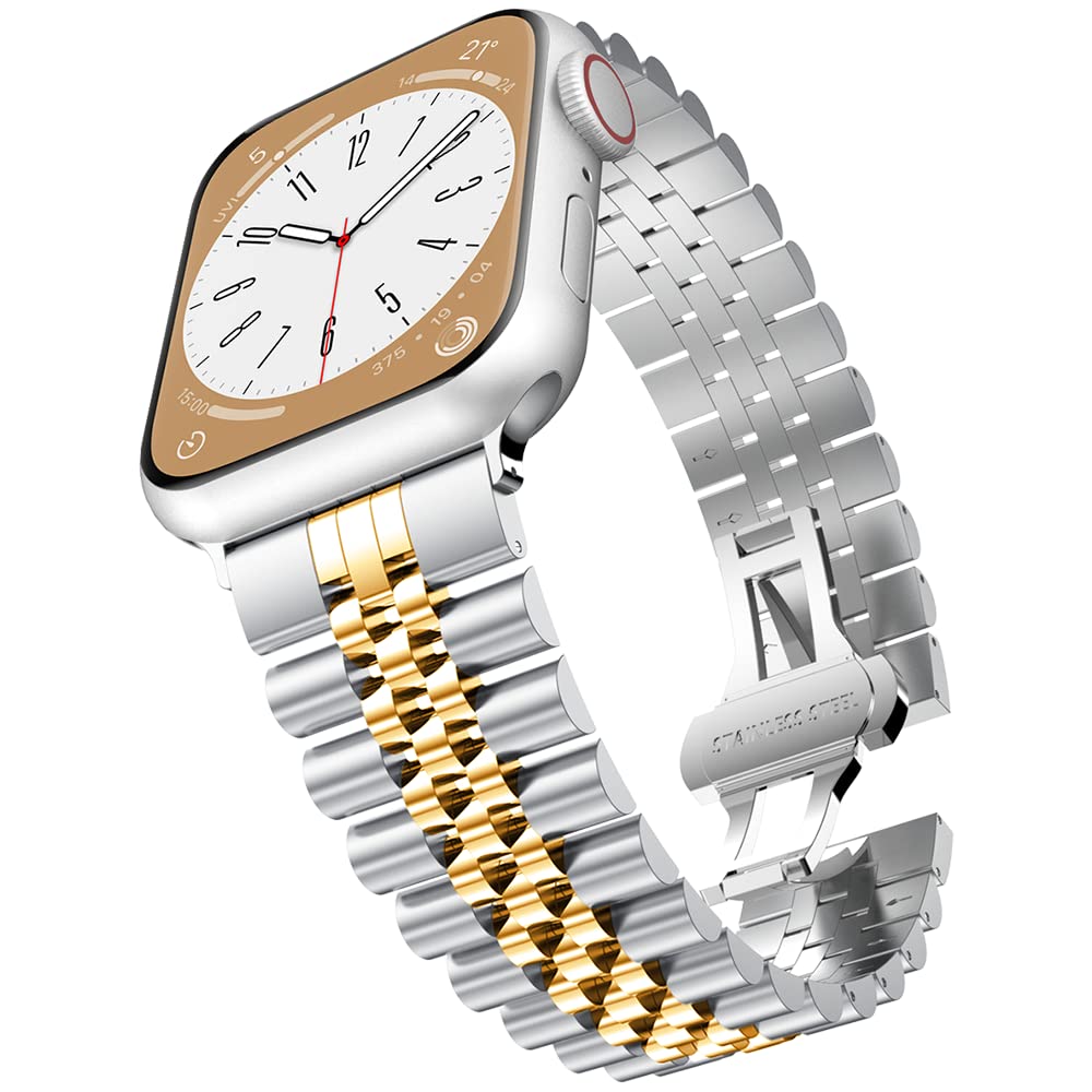 baozai Compatible with Apple Watch 49mm 45mm 44mm 42mm, Solid Stainless Steel iWatch Band Replacement for Apple Watch Ultra2/Ultra & Series 9/8/7/6/5/4/3/2/1/SE for Men, Silver/Gold, 49mm/45mm/44mm