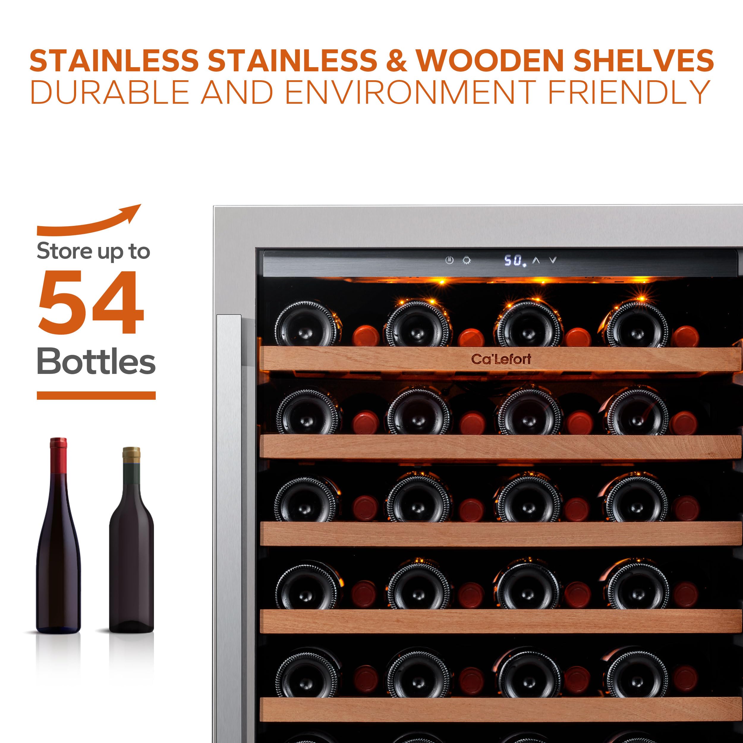 Ca'Lefort 24 Inch Wine Fridge, 54 Bottle Wine Cooler Refrigerator, 40-65°F Wine Refrigerator Glass Door, 3 LED Wine Fridge, Built-in or Freestanding Wine Fridge for Home/Bar/Kitchen (5.65 cu.ft)