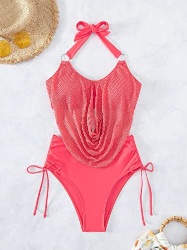 MakeMeChic Women's 2 Piece Bathing Suits Ring Linked Drape Drawstring High Waisted Tankini Swimsuit Watermelon Pink S