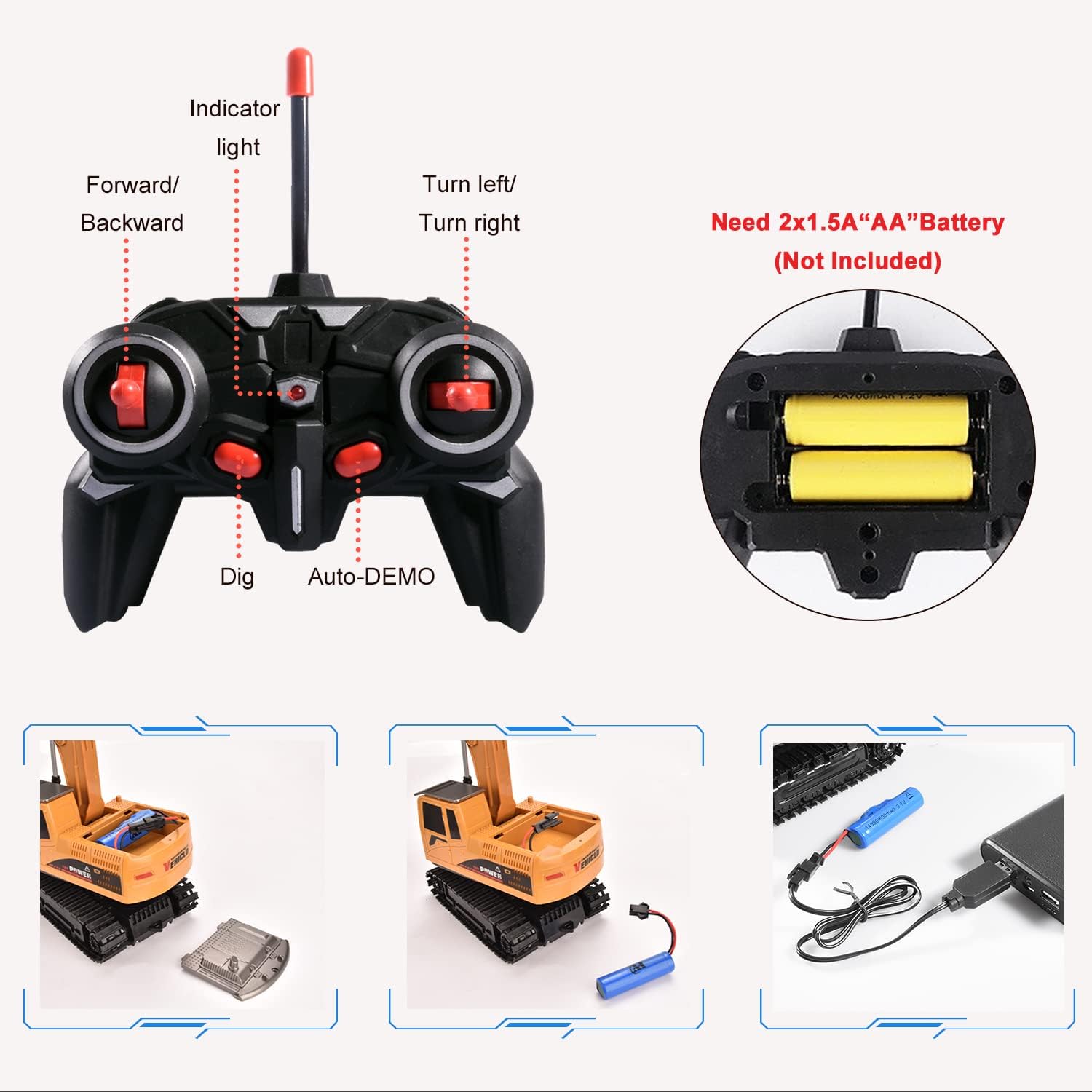 Hodlvant Remote Control Excavator Toy, Engineering Digger Truck, Metal Shovel Digger Vehicles with Lights & Sounds, 2.4Ghz RC Construction Car with 2 Batteries, Gifts for Kids Boys Age 3 4 5 6 7 8 9+