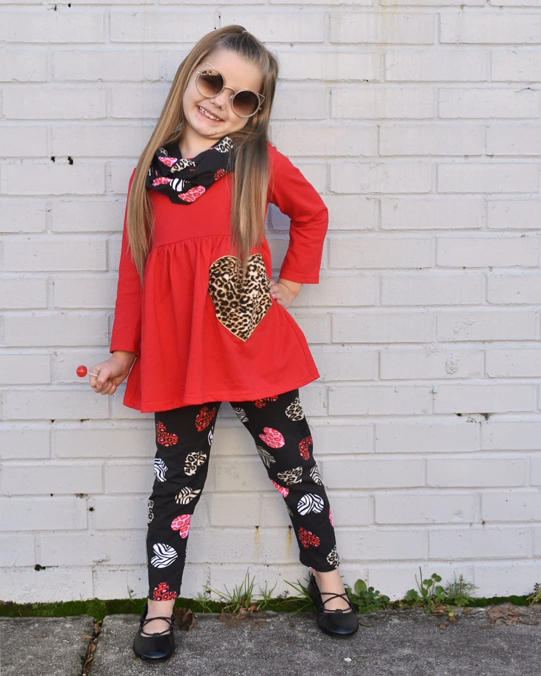 Unique Baby Girls Valentines Day Toddler Animal Print Hearts Legging Set Outfit (7 Years, Red)