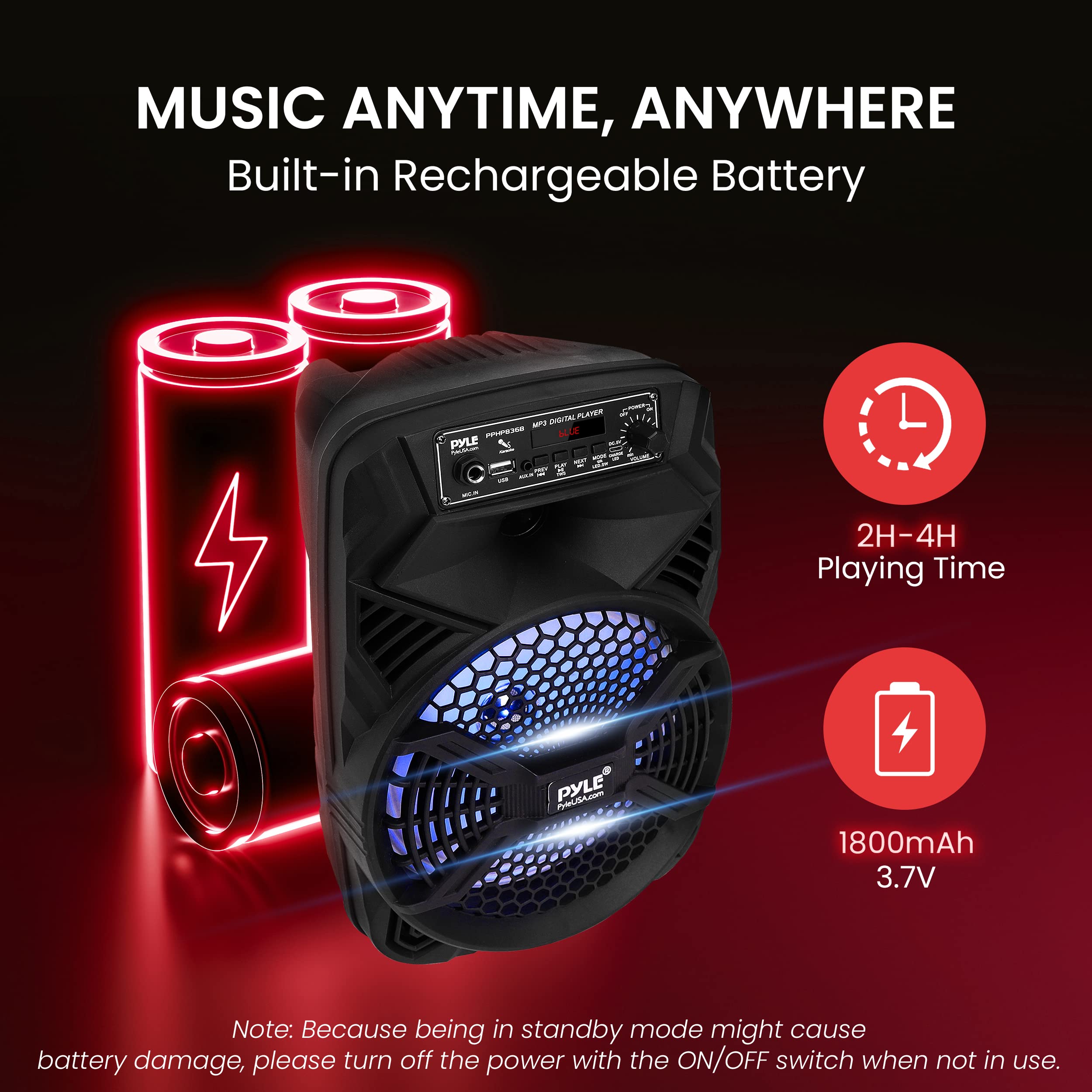 Portable Bluetooth PA Speaker System - 300W Rechargeable Indoor/Outdoor Bluetooth Portable PA System w/ 8β Subwoofer 1β Tweeter, Microphone In, Party Lights, MP3/USB, Radio, Remote - Pyle PPHP836B