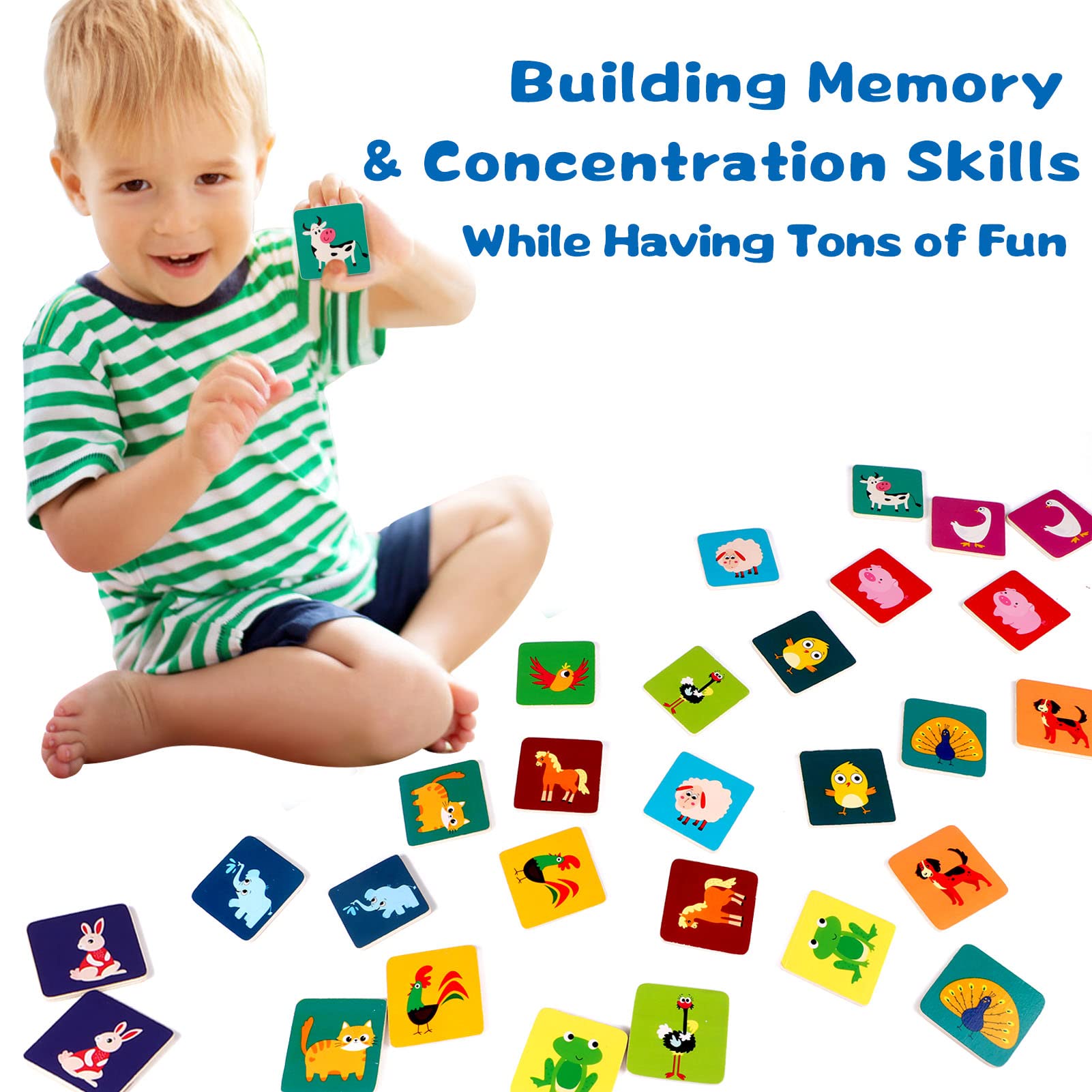 Atoylink Animals Matching Memory Game for Kids 30 Pcs Wooden Memory Card Concentration Matching Game Toddlers Preschool Learning Acticities for 3 4 Years Boys Girls
