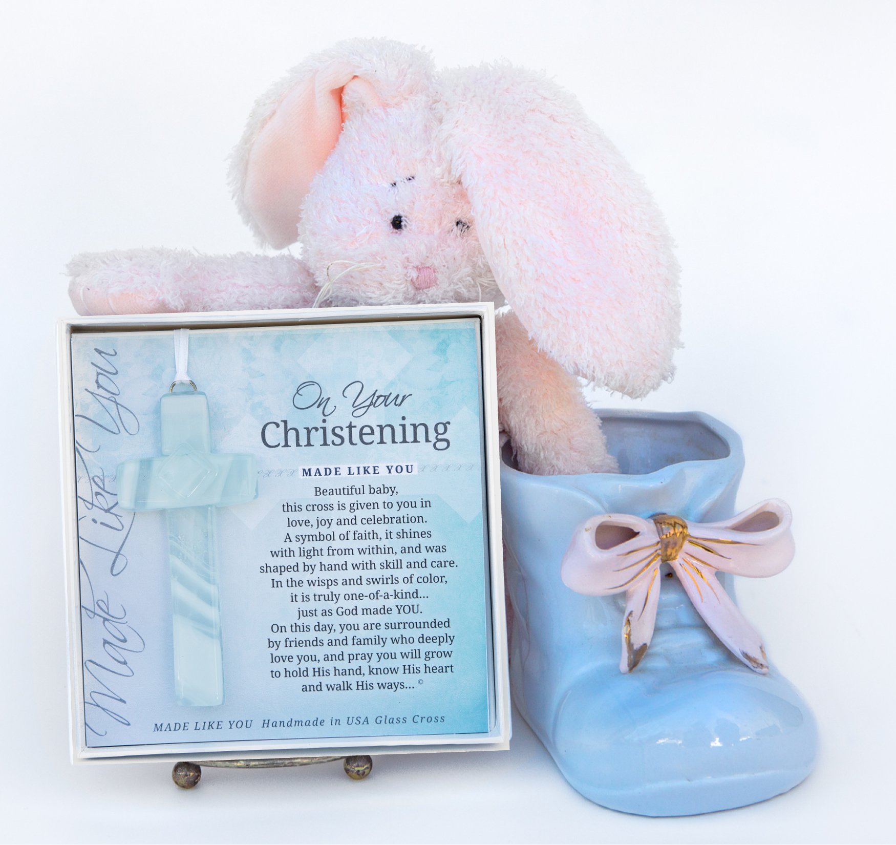 On Your Christening, Beautiful Baby Aqua/Clear Handmade Glass Cross Keepsake Gift