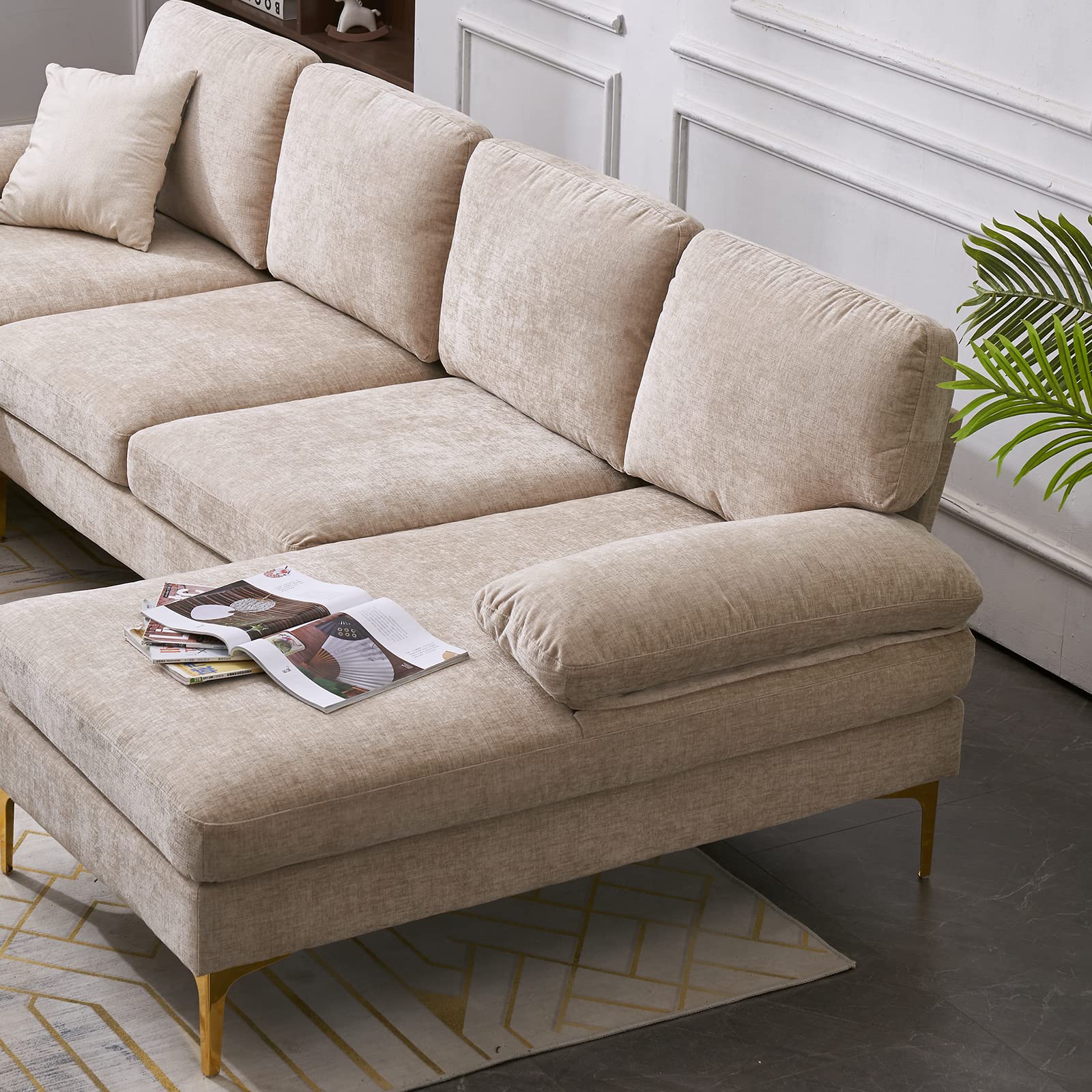 POULEII Sectional Sofa,Modern U-Shape Modular Sectional Sofa Sleeper Couch with Chenille Fabric and Gold-Plated Feet for Living Room, Apartment, Office,Camel