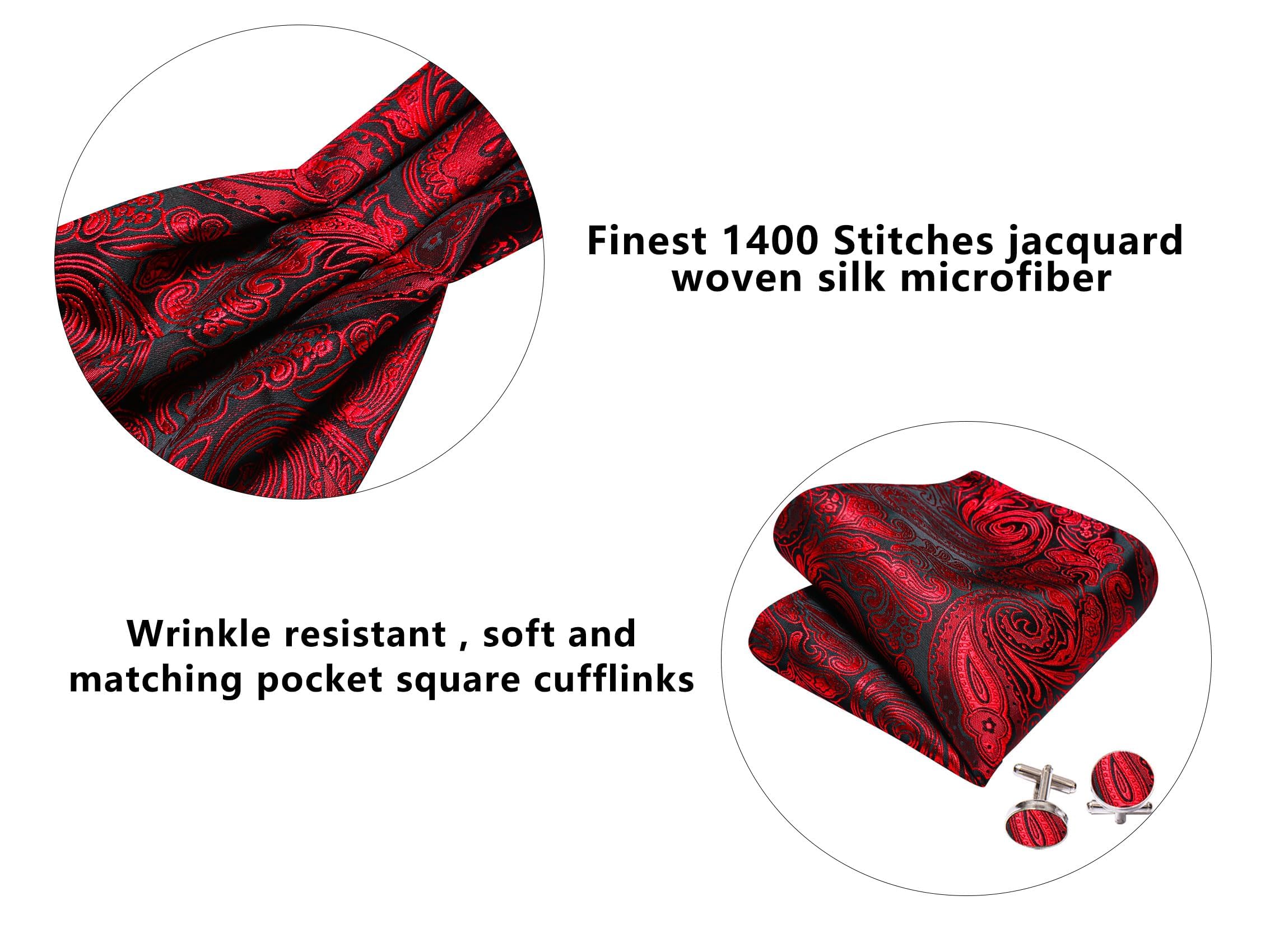 Barry.Wang Men Ascot Tie Set Cravat Paisley Red Silk Scarf Self Necktie Handkerchief Cufflinks Formal Wedding Party Prom