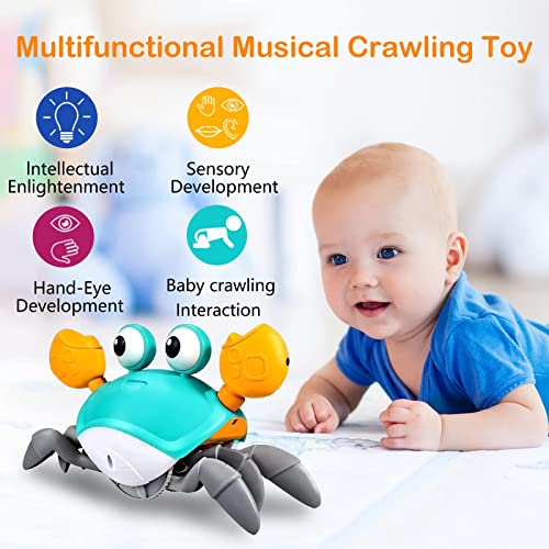 Plnmlls Crawling Crab Baby Toy,Tummy Time Baby Toys with Music and LED Light Will Automatically Avoid Obstacles, Build in Rechargeable Battery for Toddler Interactive Development Toy