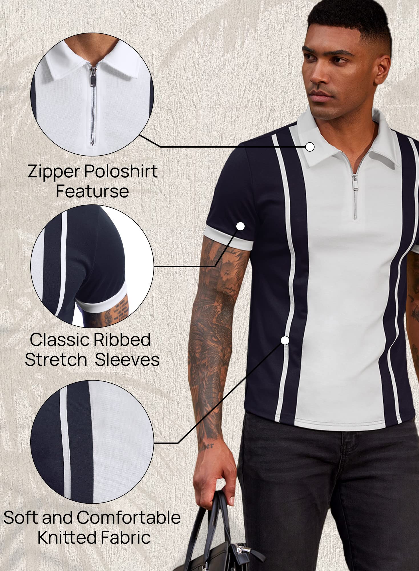 Arvilhill Man Zipper Polo Shirt 1940s Striped Printing Polo Shirt Zip Up Polo Tshirt S