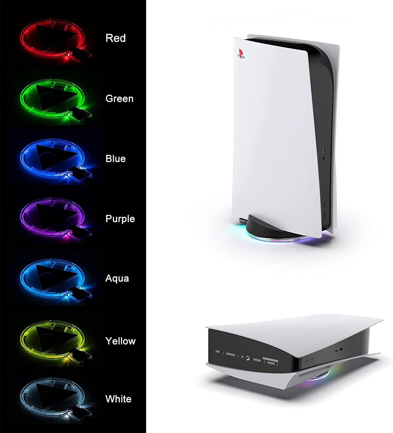 MYLD PS5 LED Console Stand & 5 PCS Vinyl Logo Underlay Sticker, Adjustable RGB Led Light for PS5 Base, Multi-Color LED Light Accessories for Playstation 5 Console (Disc & Digital), USB Powered