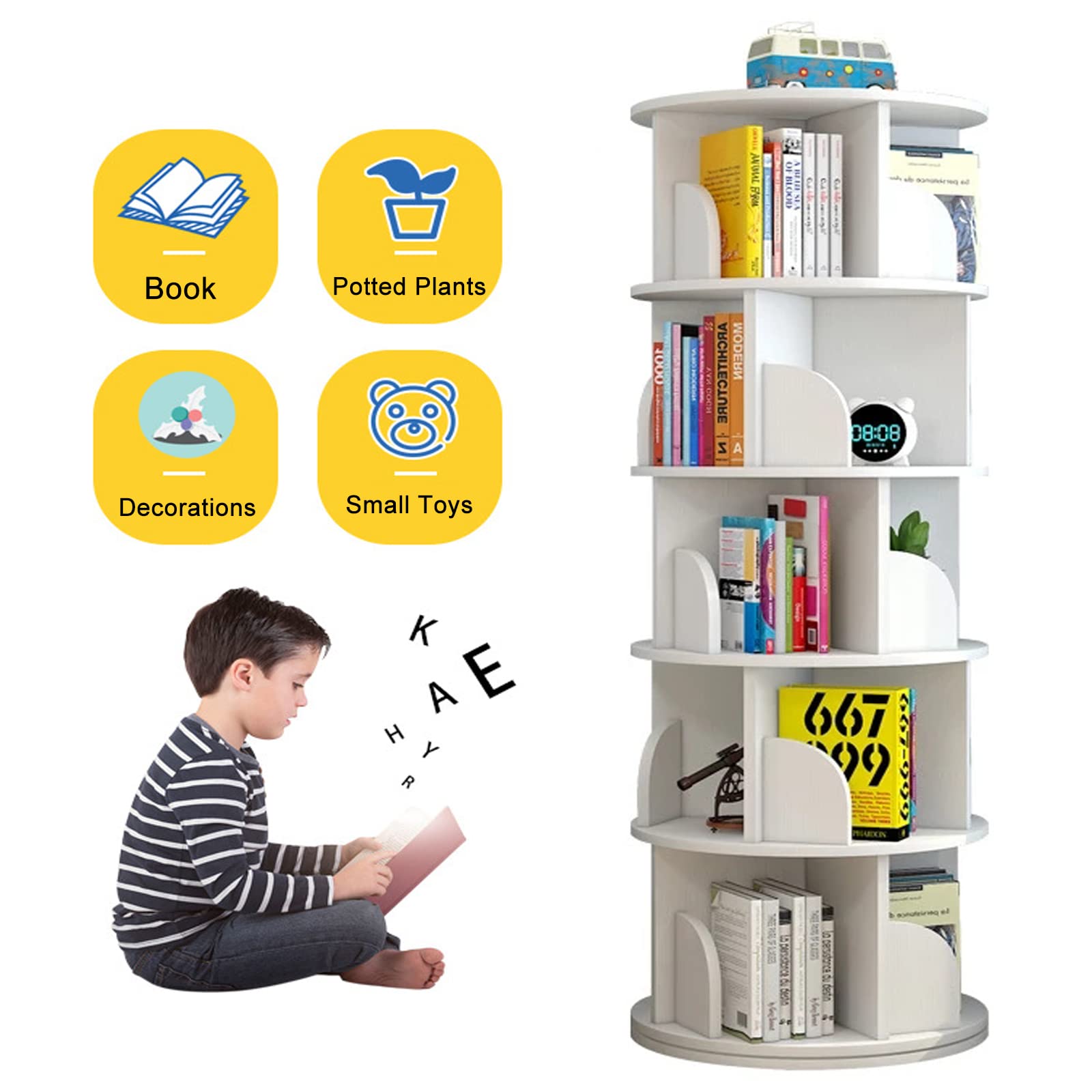 foriy 5 Tier Rotating Bookshelf 360° Revolving Bookcase Modern Tall Book Shelf Storage Display Rack Floor Standing Shelves with Baffle for Home Living Room Study Office White 63''X18''X18''