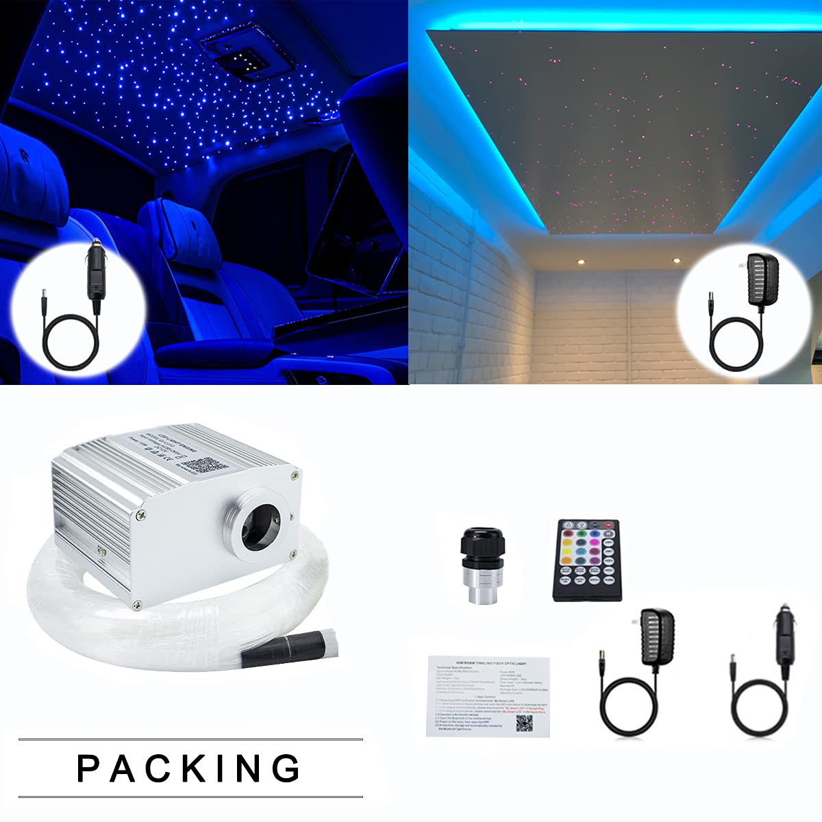 AZIMOM Bluetooth Control 10W Twinkle Fiber Optic Lights Star Ceiling Light Kit 150pcs0.03in6.5ft Fiber Strands Music Mode RGBW APP/Remote Light Engine for Car Headliner Room Decoration