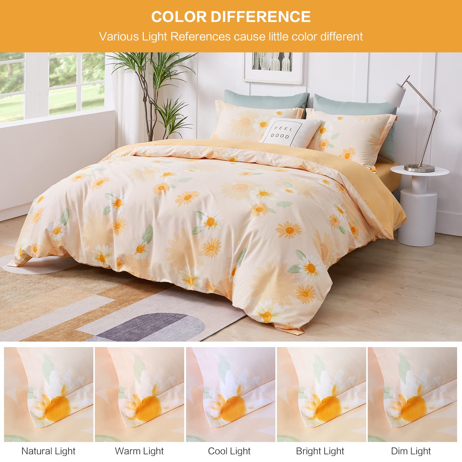 SAPHREAS King Size Duvet Cover Set with Fitted Sheet 4pcs Daisy Floral Bedding Comforter Cover Set 1 Quilt Cover 1 Fitted Sheet 2 Pillow Shams
