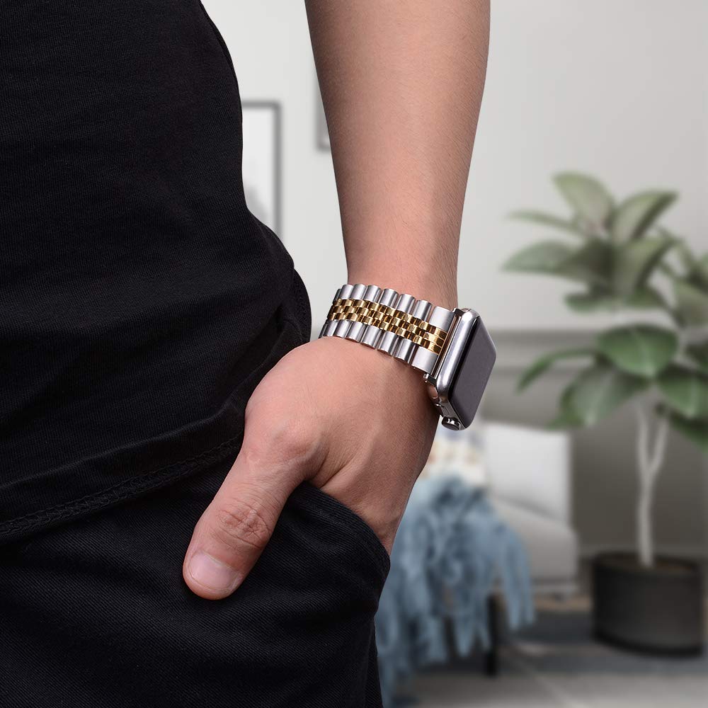 baozai Compatible with Apple Watch 49mm 45mm 44mm 42mm, Solid Stainless Steel iWatch Band Replacement for Apple Watch Ultra2/Ultra & Series 9/8/7/6/5/4/3/2/1/SE for Men, Silver/Gold, 49mm/45mm/44mm