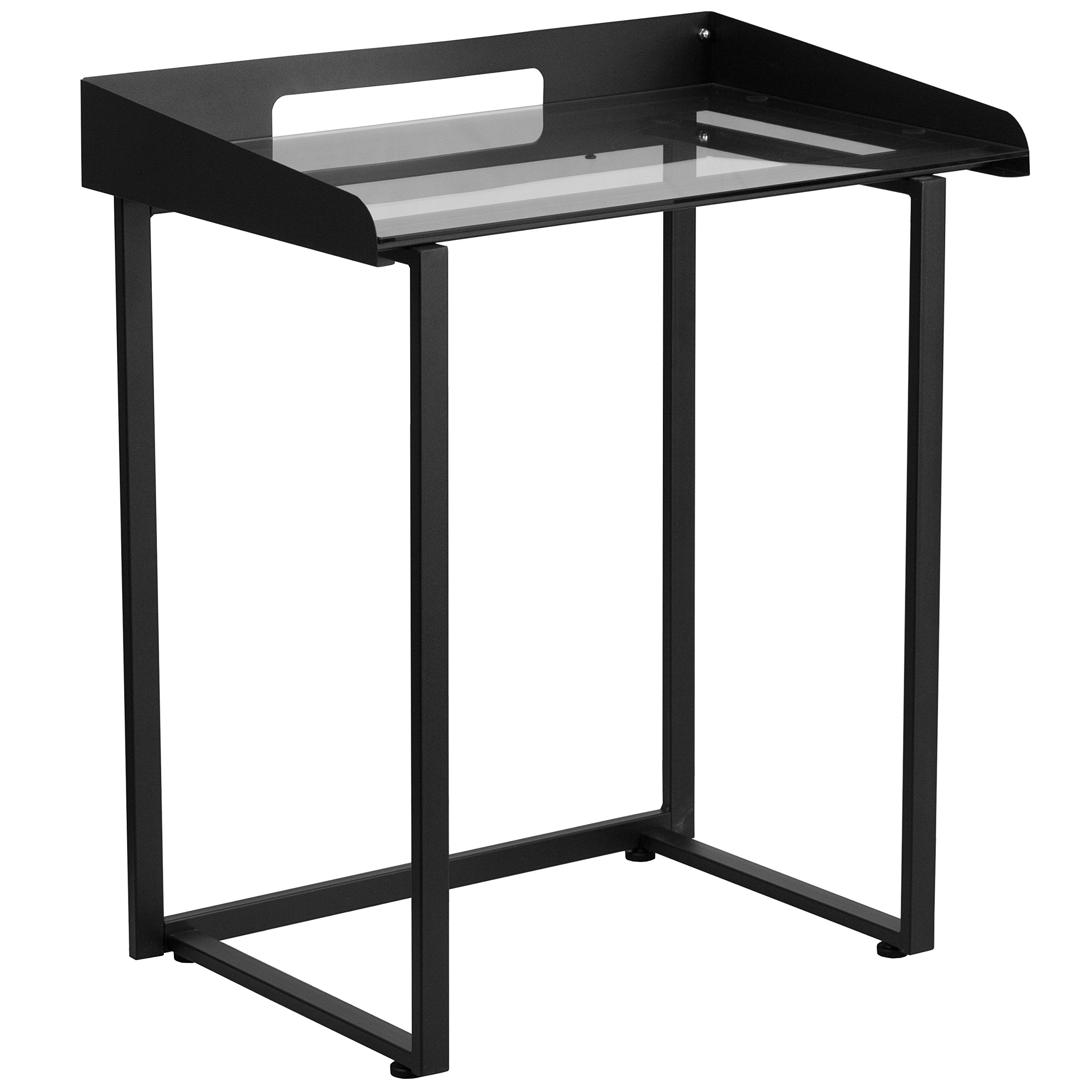 Flash Furniture Jayden Contemporary Clear Tempered Glass Desk with Raised Cable Management Border and Black Metal Frame