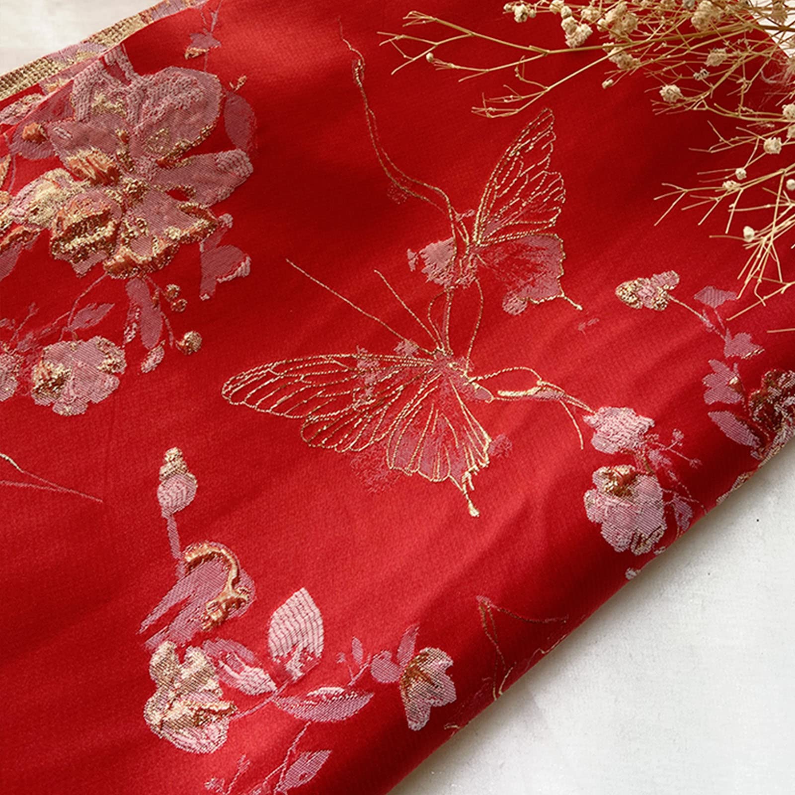 Brocade Fabric,Costume Chinese Handmade Faux Cloth Chinese Butterfly Jacquard Woven Gold Embossed Soft Beautiful Woven Gold Bridesmaid Dress Clothing Fabric Elegant Unique Cloth 140X50cm,Red (Color :