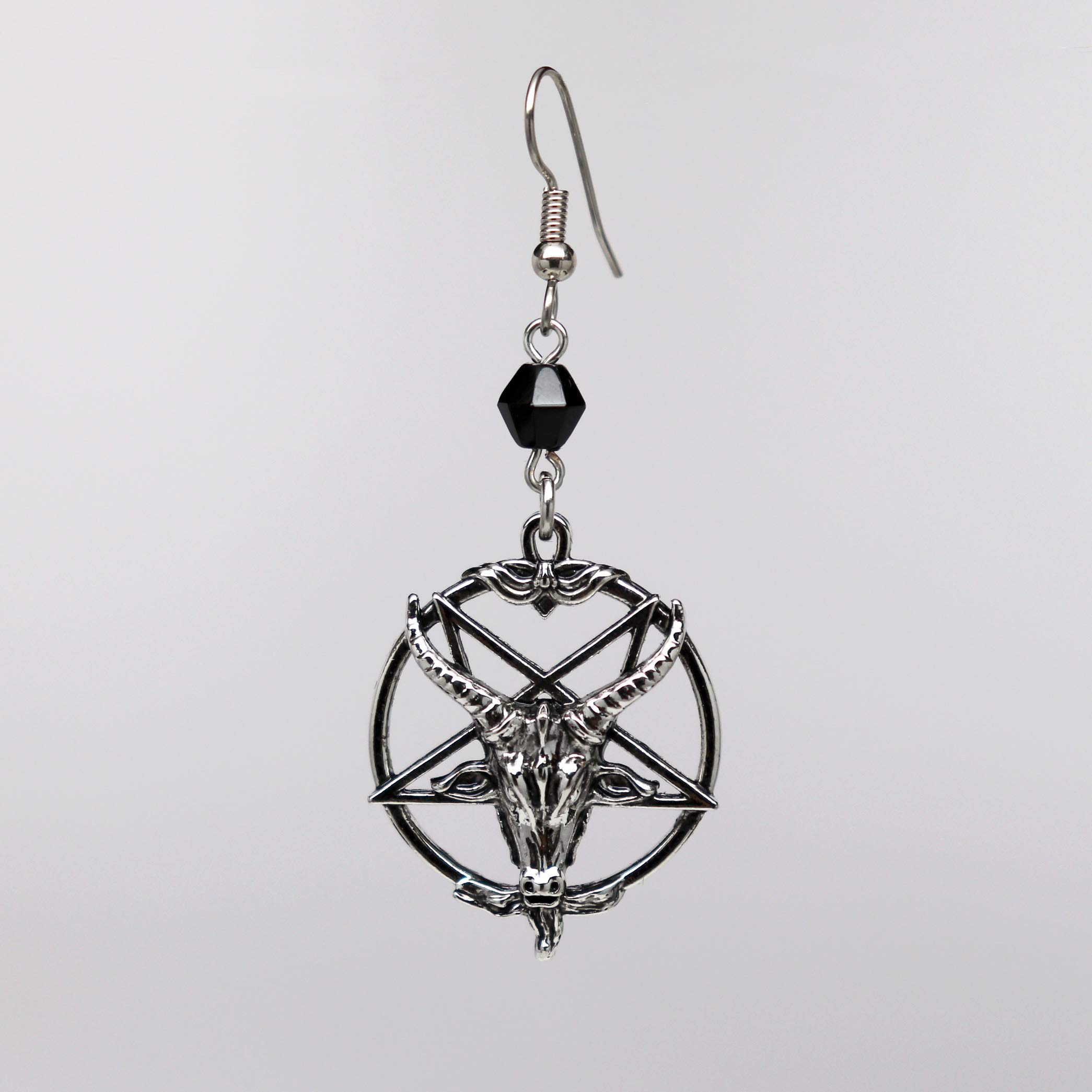 Baphomet Satanic Goat Head Inverted Pentagram Silver Finish Dangle Earrings