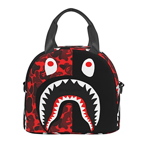 Lunch Bag For Women/Men Cooler Tote Bag Freezable Red-Black Shark Lunch Box With Adjustable Shoulder Strap One Size