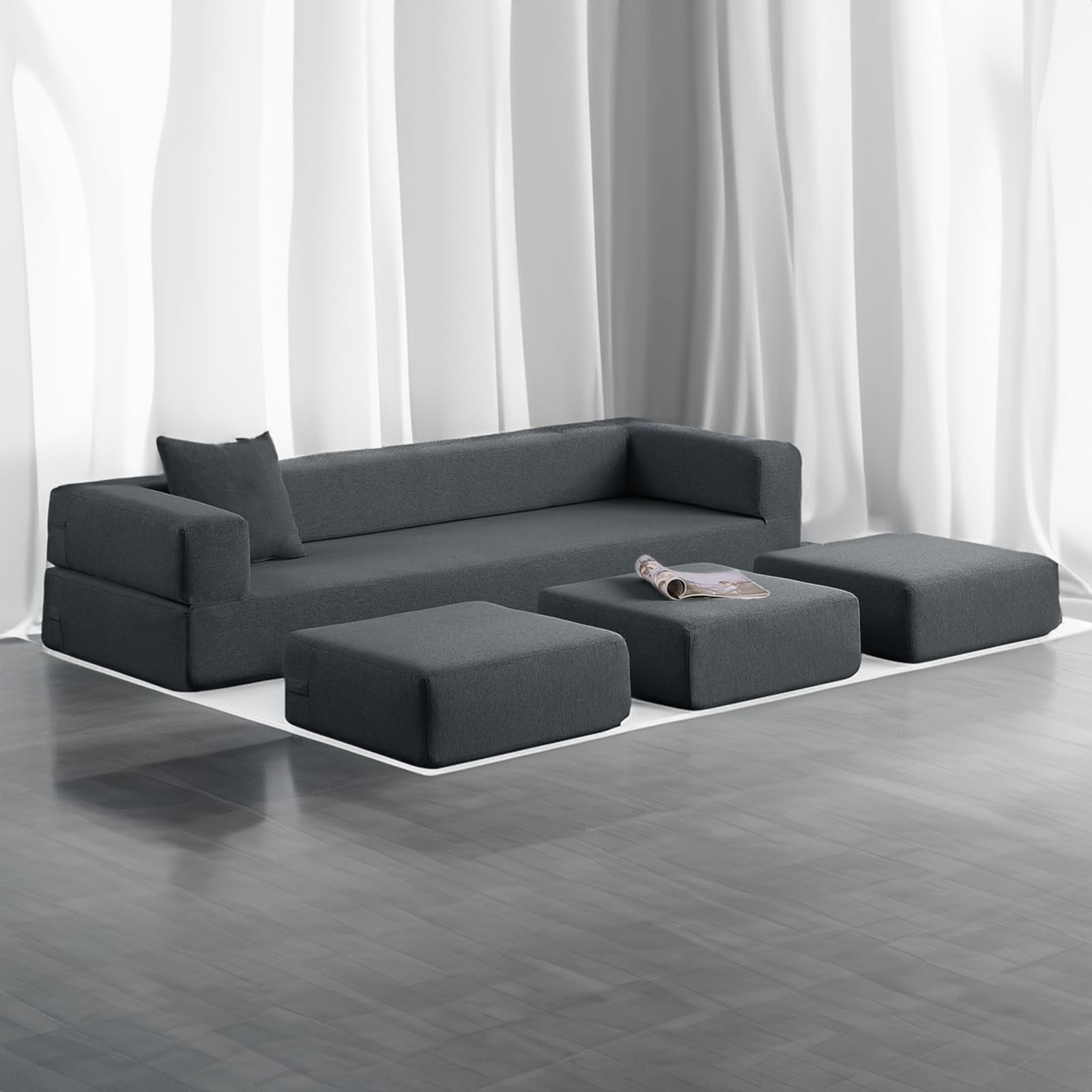 Uoobmope Convertible Floor Sofa Bed, Foldable Sofa Couch with 3 Ottomans, Memory Foam Fold Out Sleeper, Folding Mattress Futon Sofa Bed for Living Room/Bedroom/Studio-Dark Grey
