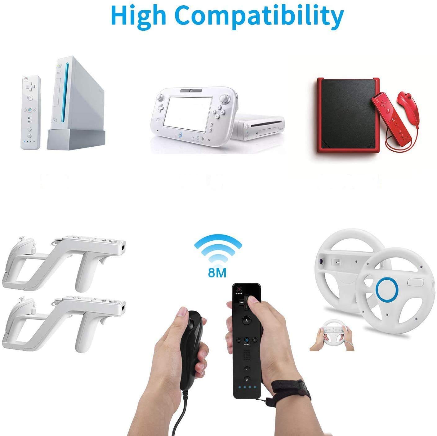 Poulep Gesture Controller and Nunchuck Joystick with Silicone Case for Wii Wii U Console (black + light blue)