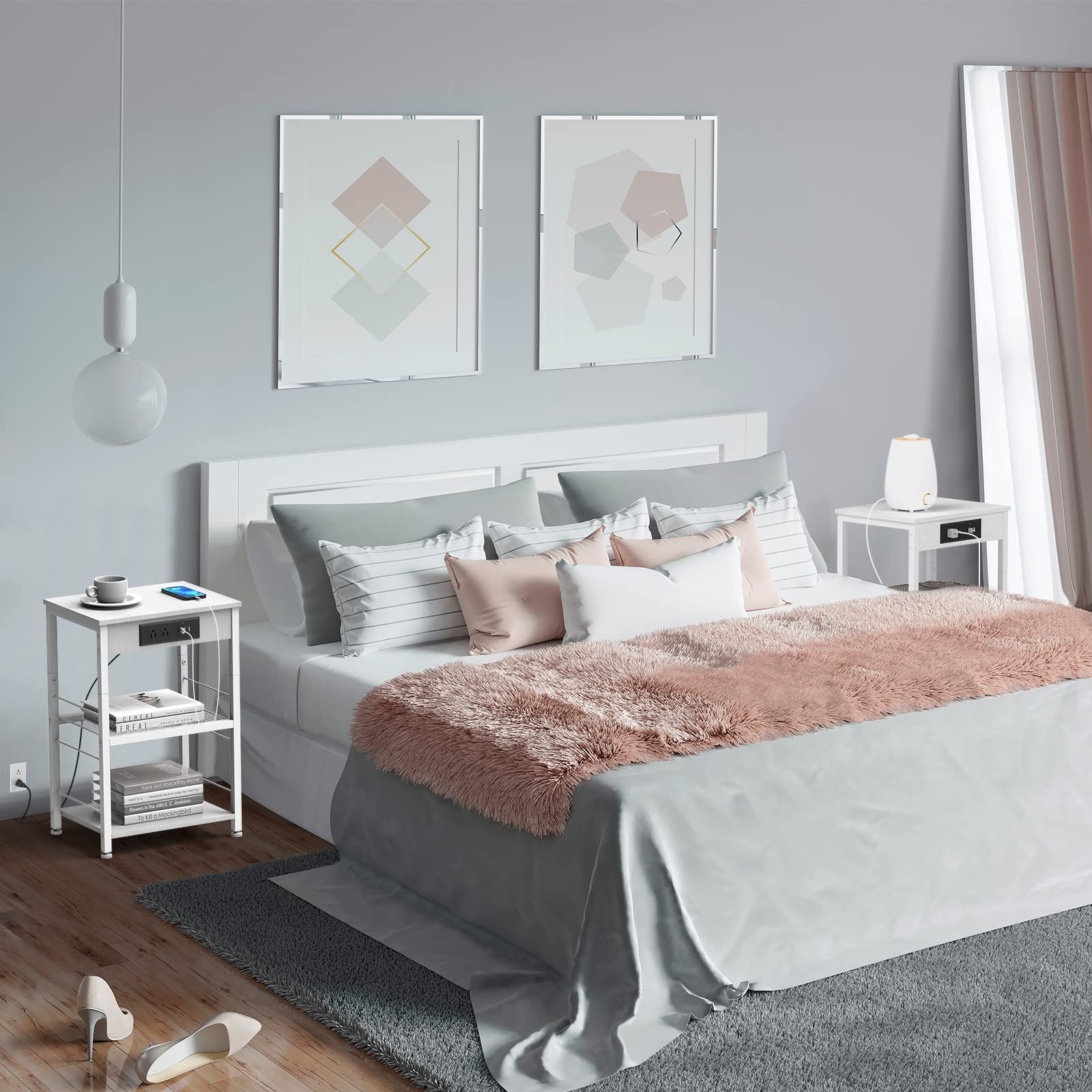 NOVIMANGO Nightstand with Charging Station End Tables White Side Table with USB Ports & Outlets Small Bedside Table with 3 Tier Storage Night Stand Table in Bedroom Living Room Dorm Office