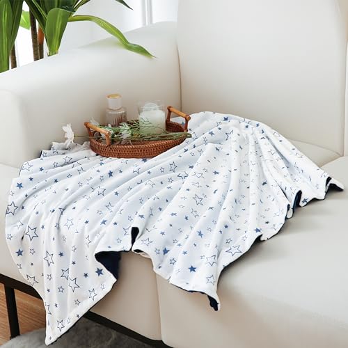 Baby Blanket for Boys Girls Soft Plush Double Layer Minky Blanket with Dotted Backing, Lightweight Receiving Blanket with Star Pattern for Infant or Newborn (30x40 Inch, Blue)