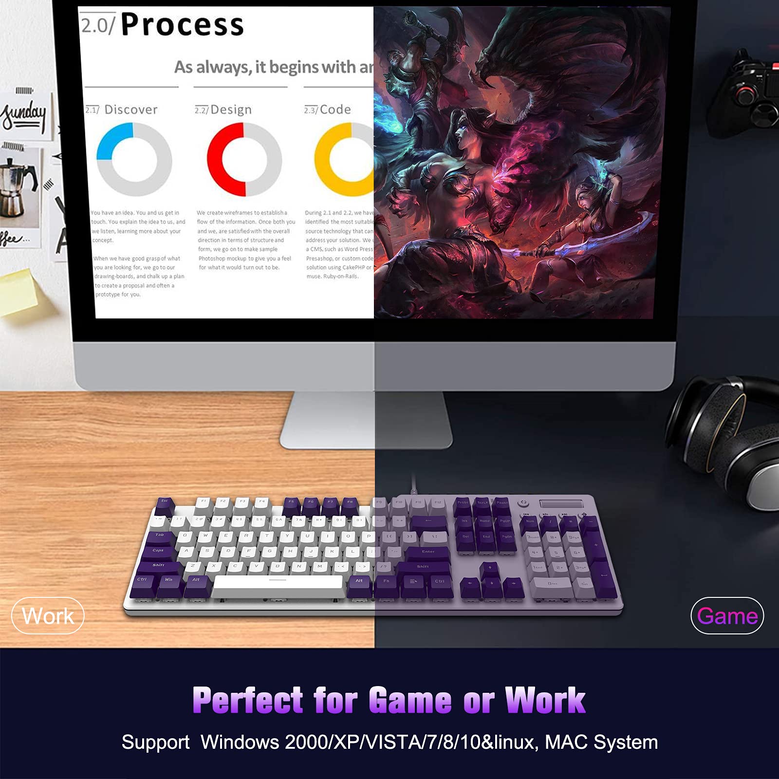 Mechanical Gaming Keyboard Hot Swappable with Multi Monochromatic Backlight 104Key Anti-ghosting Ergonomic Metal Plate Multimedia Key USB Wired for PC Mac Gamer Office Typist(Purple White/Blue Switch)