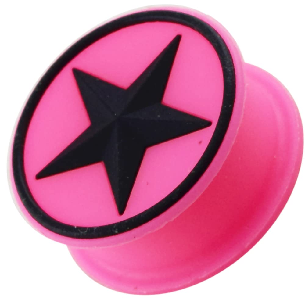 AtoZ Piercing 3/4 Inch - 20MM Embossed Black Star in Circle on Pink Soft And Flexible Silicone Double Flared Ear Plug - Sold by Piece