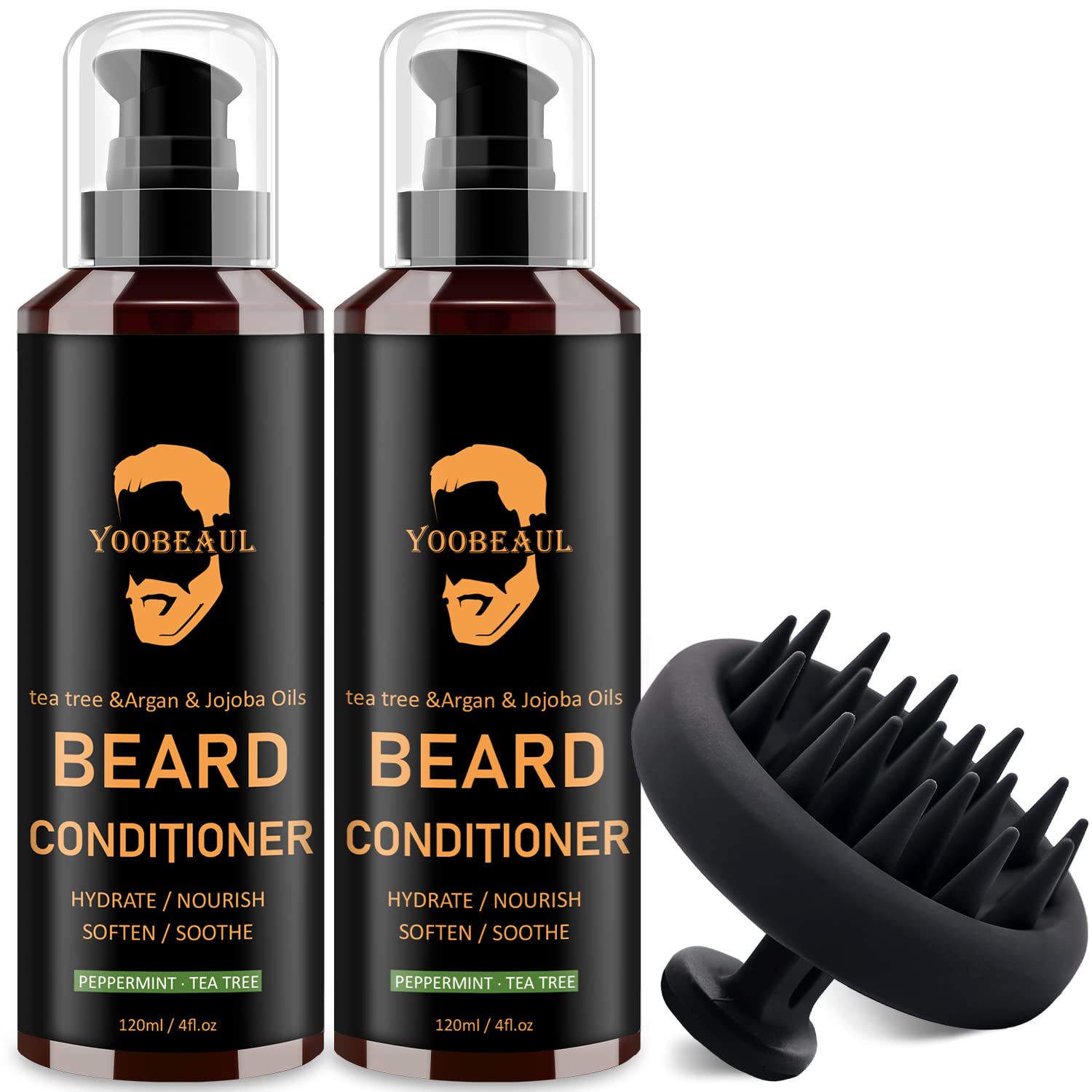 Beard Wash, Beard Conditioner & Beard Brush Set w/Argan & Tea Tree Oils - Natural Mint Tea Tree Scent - Softens & Strengthens, Shine, Reduce Itchy - Scrub, Beard Shampoo w/Beard Oil 2 x 4 Fl Oz 120ML