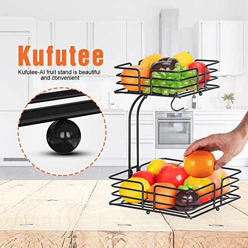 Kufutee 2 Tier Countertop Fruit Basket,Vegetables Bowl Storage With Banana Hanger,Black