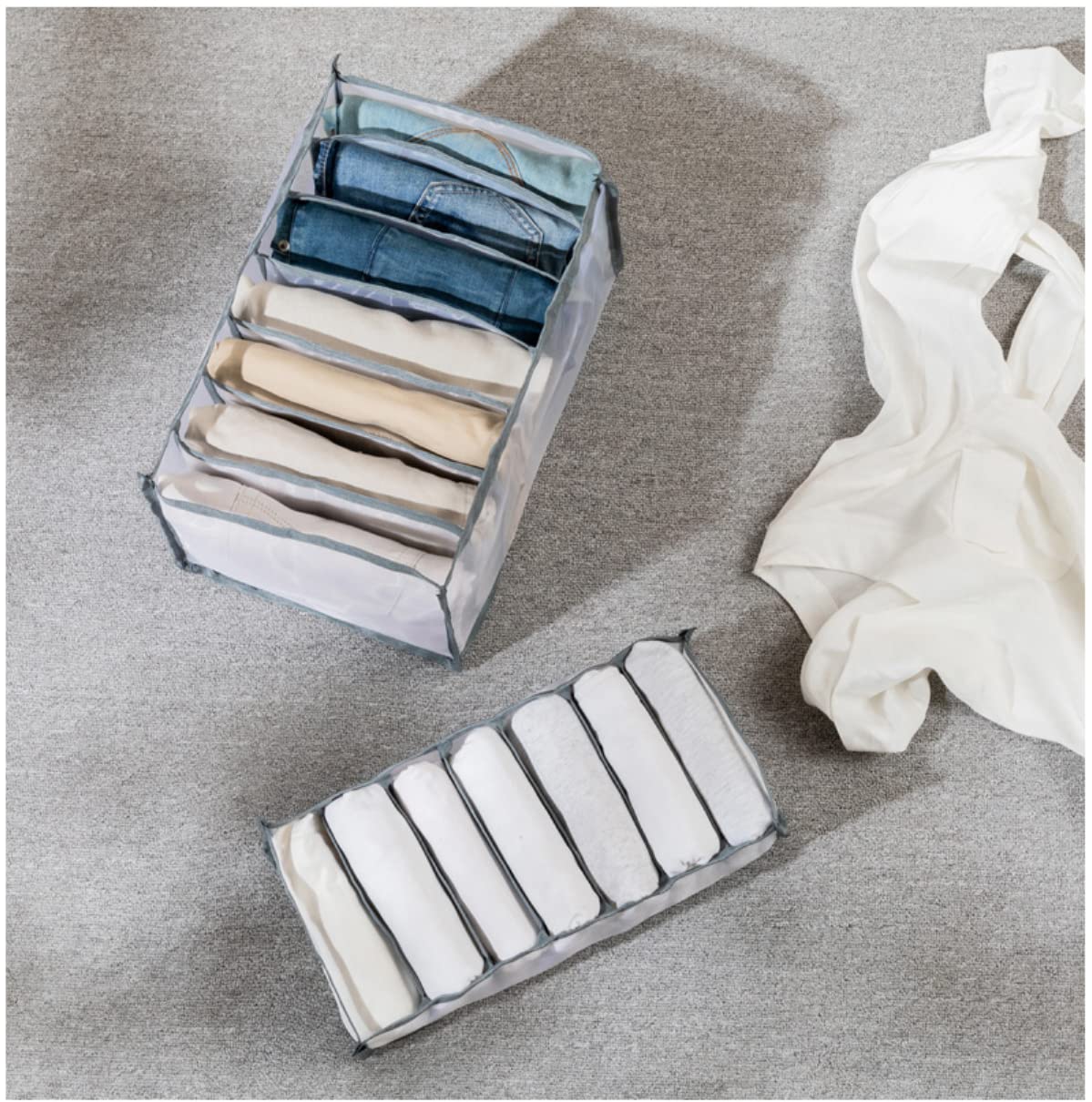 LAND CAST 2Pcs Wardrobe Clothes Organizer, 7Grid Washable Jeans Compartment Storage Box Foldable Closet Drawer Organizer Separation Box Clothes Storage bag for Pants Dress T-shirt Legging (Green, Jeans Grid)