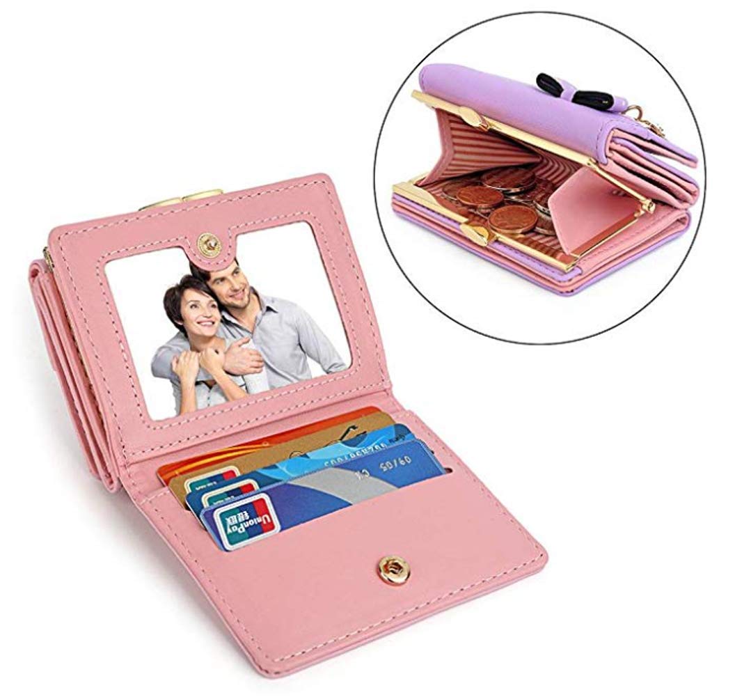 edfamily Womens Leather Cute Cat Bowknot Small Wallet Coins Purse Card Holder (Purple)