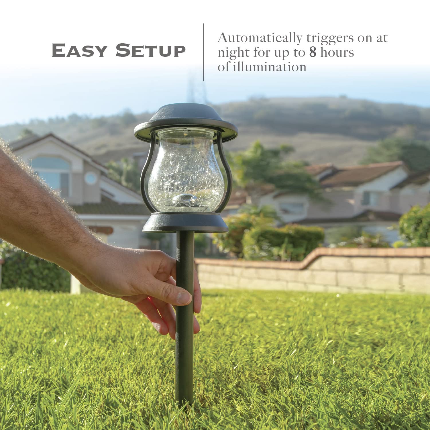 Landia Home Solar Pathway Lantern - Outdoor Decorative 2 in 1 Path Light or Hanging Lantern with Large Crackle Glass Housing, 2-Pack