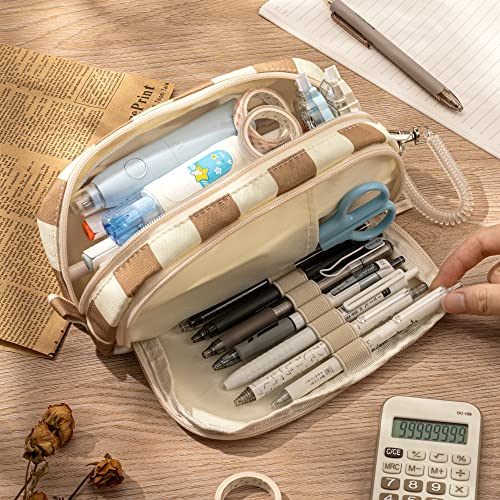 Joyask Large Capacity Canvas Pouch Storage Bag with Removable Spring Strap Checkerboard Plaid for Office Work Art (Brown White Plaid)