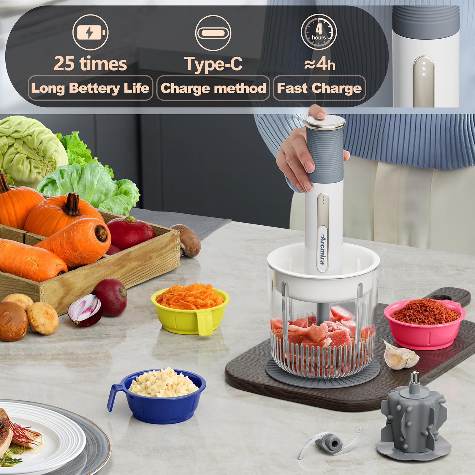 Arcmira Food Processor Cordless with 4 Bowls & 2 Blades, 3-in-1 Multifunction Electric Chopper/Meat Grinder/Vegetable Chopper/Garlic Peeler, Ideal for Chopping Meat, Veggie, Onion, Garlic & Baby Food