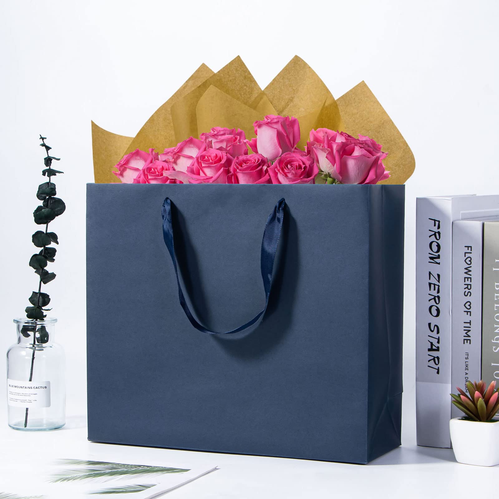 Driew Extra Large Navy Blue Gift Bag, 12 Pcs, 12.6x4.5x11 inches Kraft Paper, Ribbon Handles, Ideal for Wedding, Party, Shopping, DIY