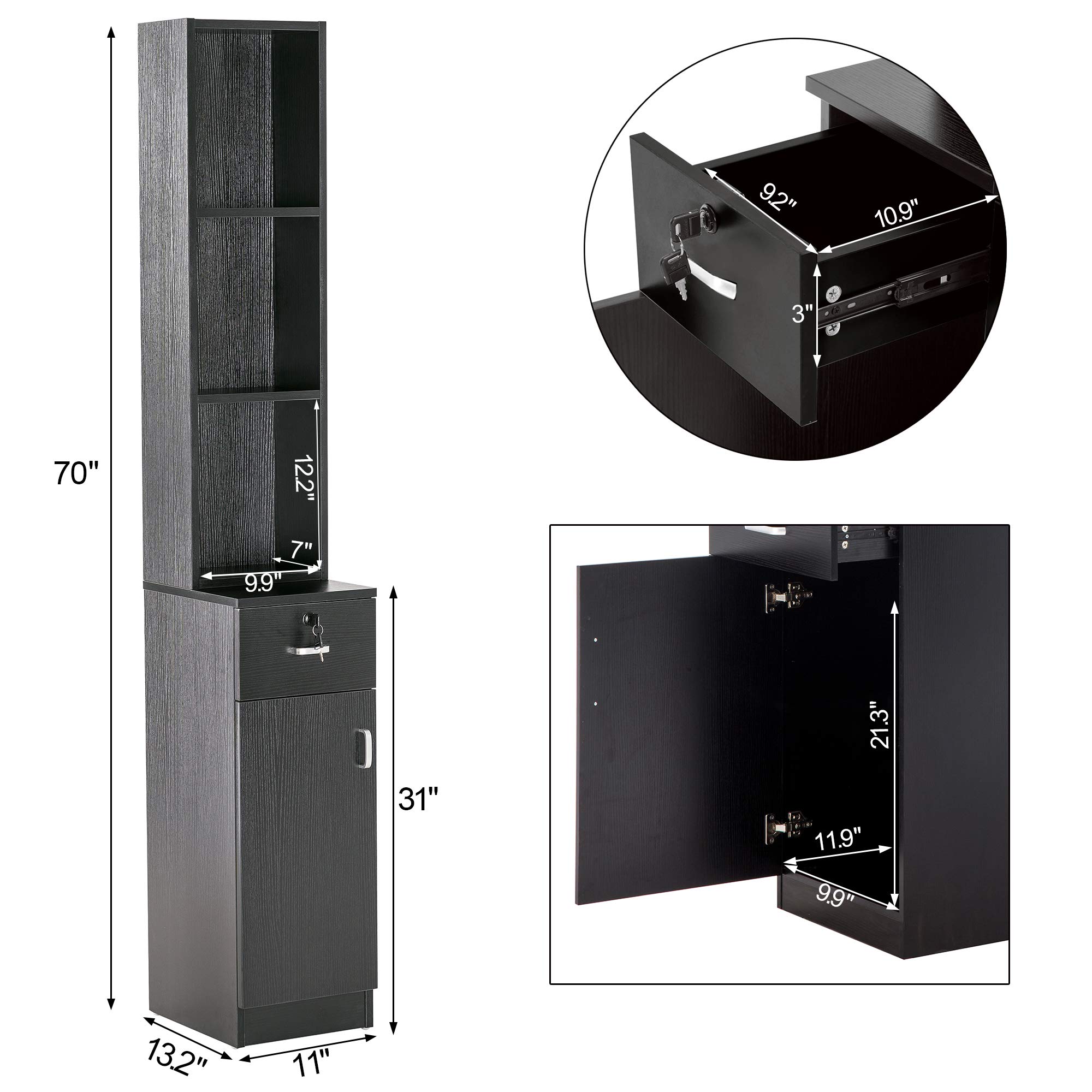 BarberPub 70"x13.2"x11" Locking Wall Mount Hair Styling Barber Station Drawer Storage Beauty Salon Spa Equipment 3036-1 (Black)