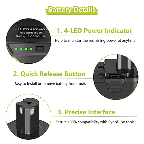 KUNLUN 2Pack 6.0Ah 18-Volt Replacement for Ryobi 18V Lithium Battery ONE+ Plus P108 P102 P103 P104 P105 P107 P109 P122 PBP005 RB18L50 Cordless Power Tools