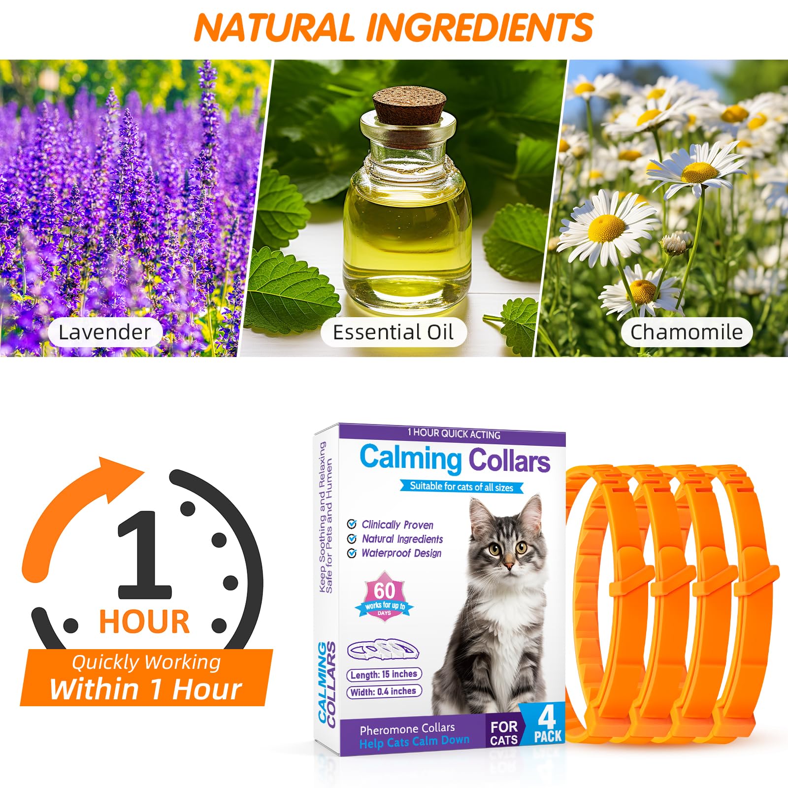 Calming Collar for Cats, Pheromone Collar for Cats, Anxiety Relief for Pets, 60-Day Long Calming Effect, Relief Anxiety Stress Separation - Suitable for Small, Medium, and Large Cats, 4 Pack